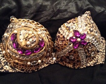 Sexy leopard gold chains/ pearls/ rhinestone bra
