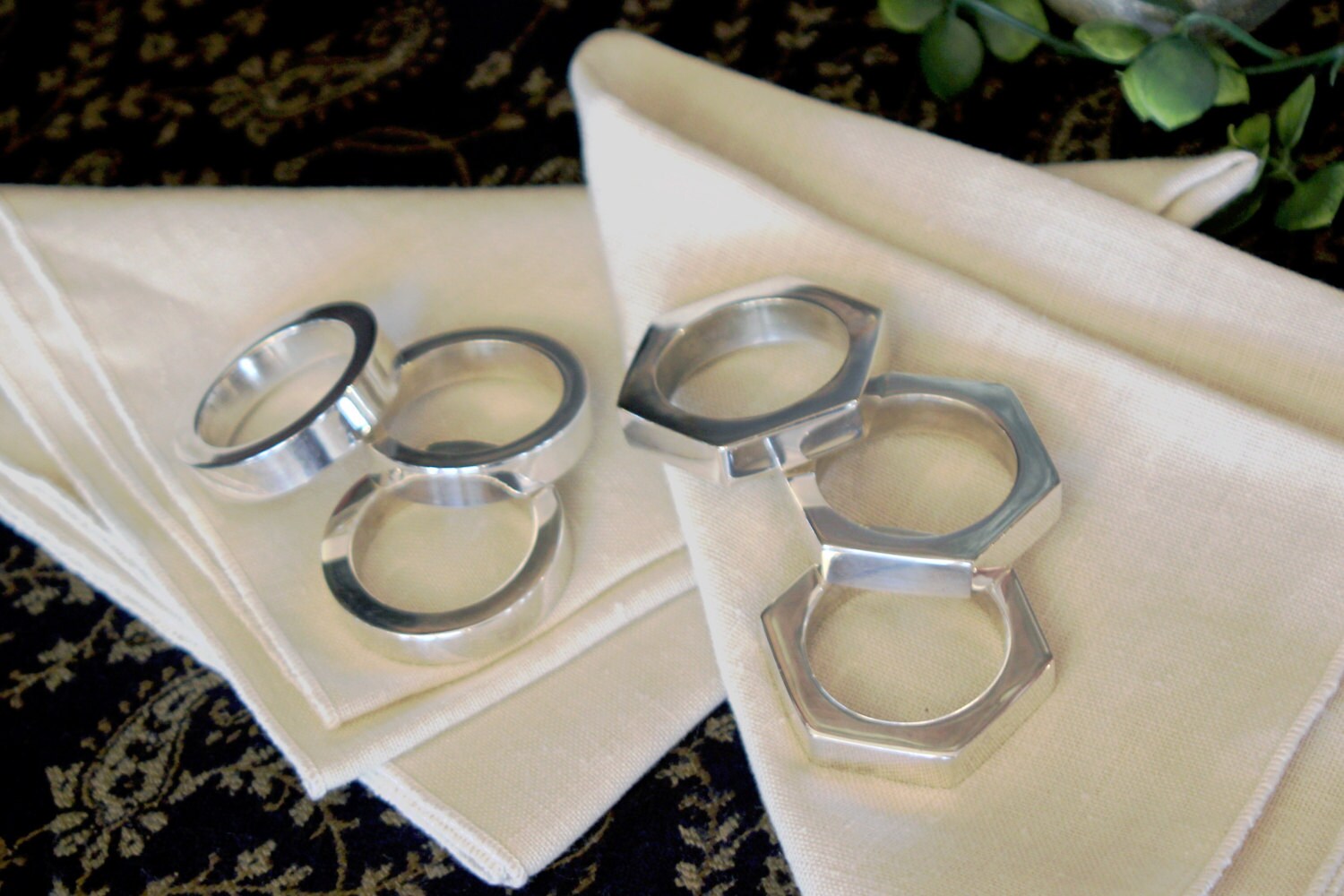 Silver Plate Napkin Rings – Hex Nut and Washer Style – Haute Juice
