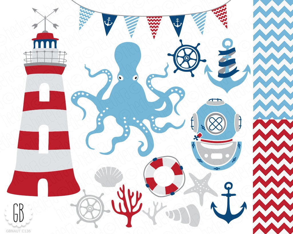 Nautical vector clip art lighthouse octopus coral