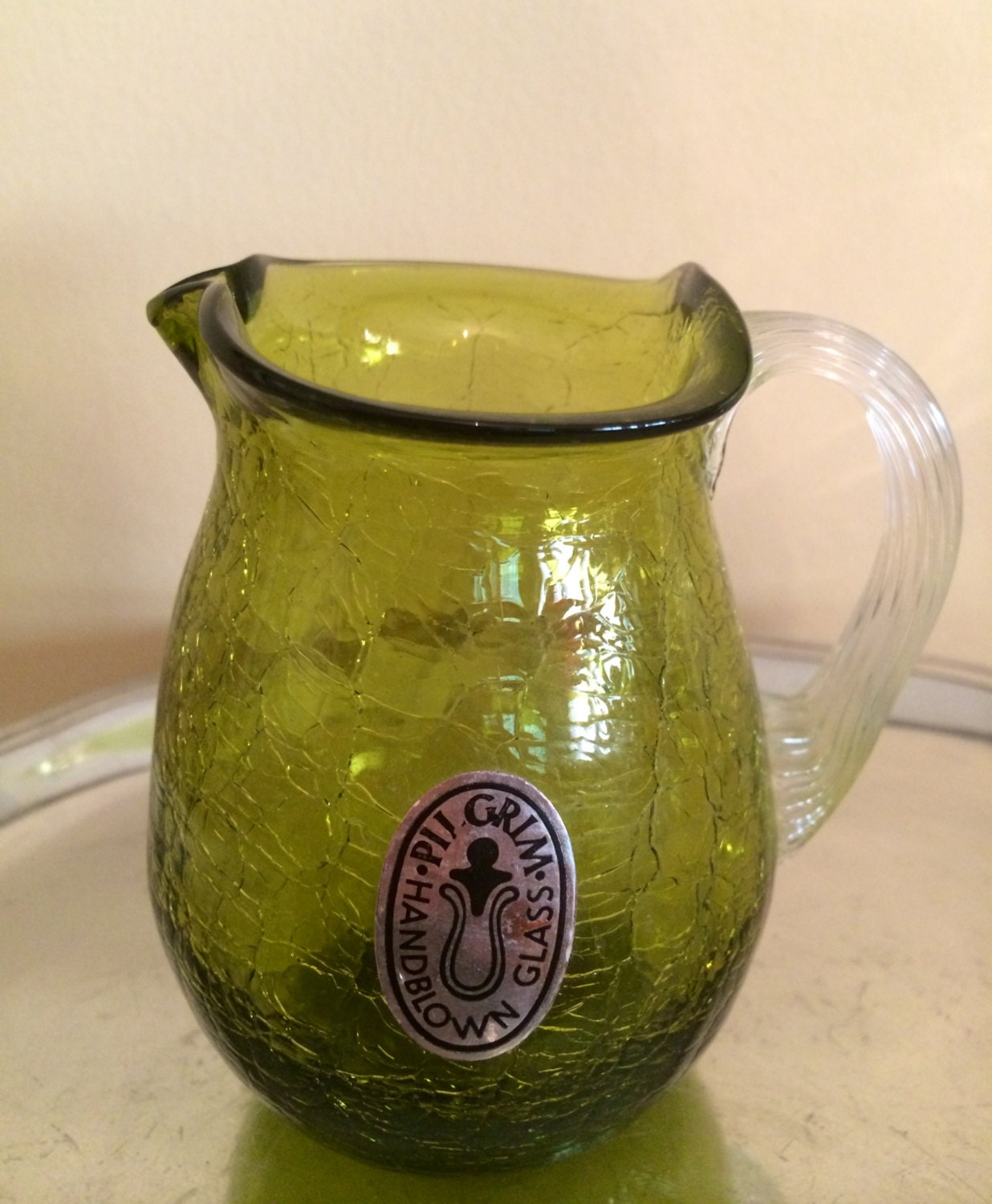 Olive green Crackle glass mini pitcher with clear handle By PILGRIM ...