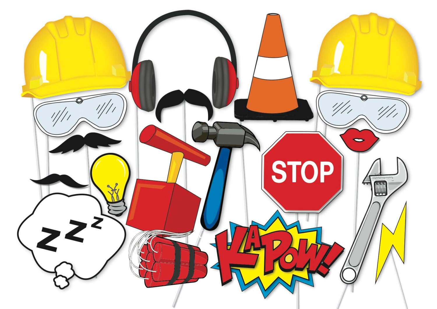 Construction Photo booth Party Props Set 20 Piece PRINTABLE