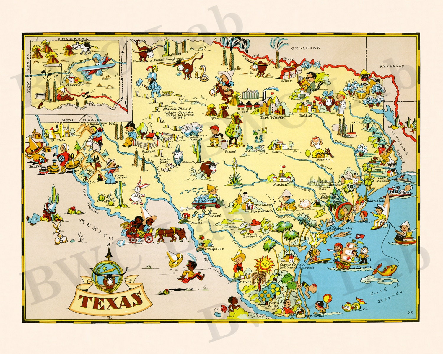Pictorial Map of Texas colorful fun illustration of vintage