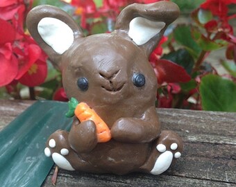 Cute Polymer Clay Bunny Rabbit, Dark Brown with Carrot