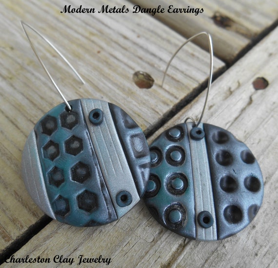 Items similar to Modern Metals polymer clay dangle earrings. Intricate ...