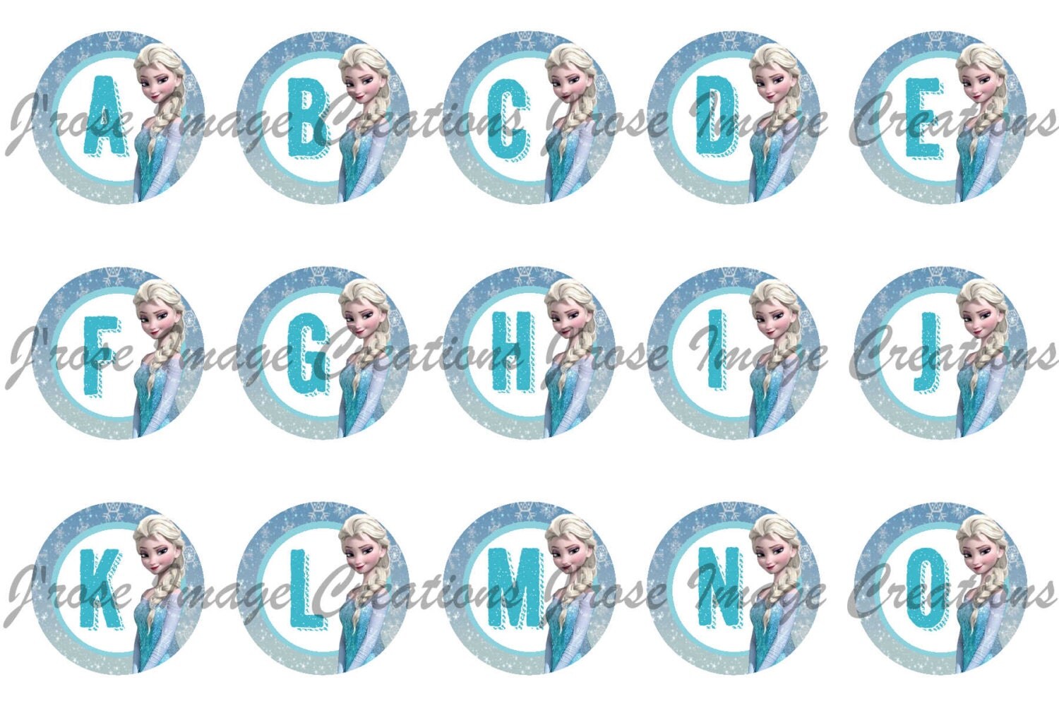 Frozen Elsa Alphabet/ ABC's 1 inch digital bottle cap
