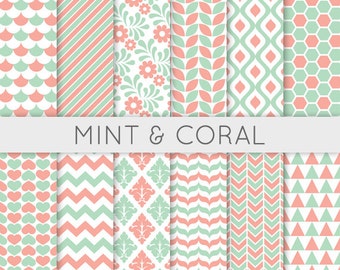 Mint and Coral Digital Paper Mint Background Pattern Clip Art Green and ...