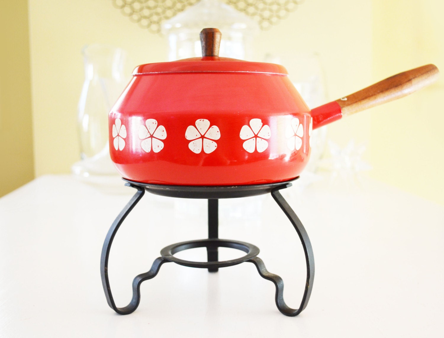 Swiss Fondue Pot, with stand; Red with white flowers, Enamelware ...