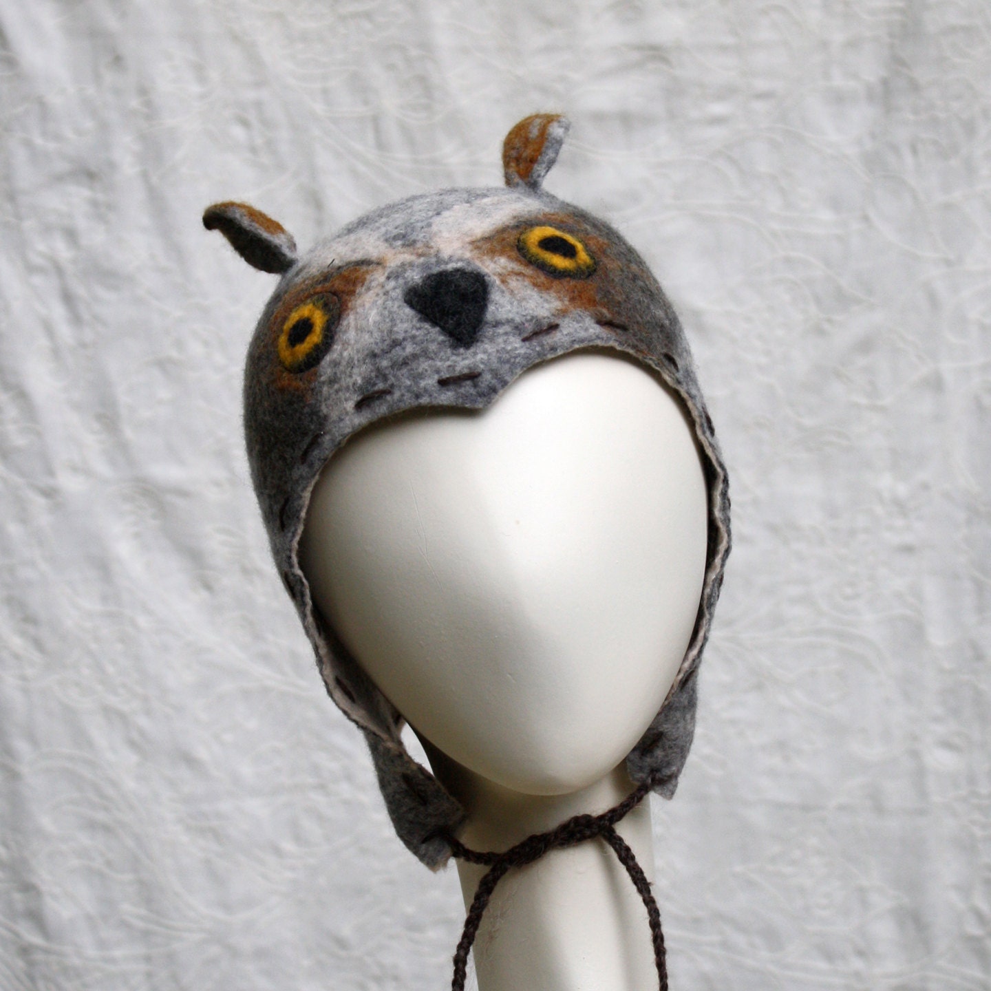 Great Horned Owl Hat Hand Felted Merino Wool Aviator Ear