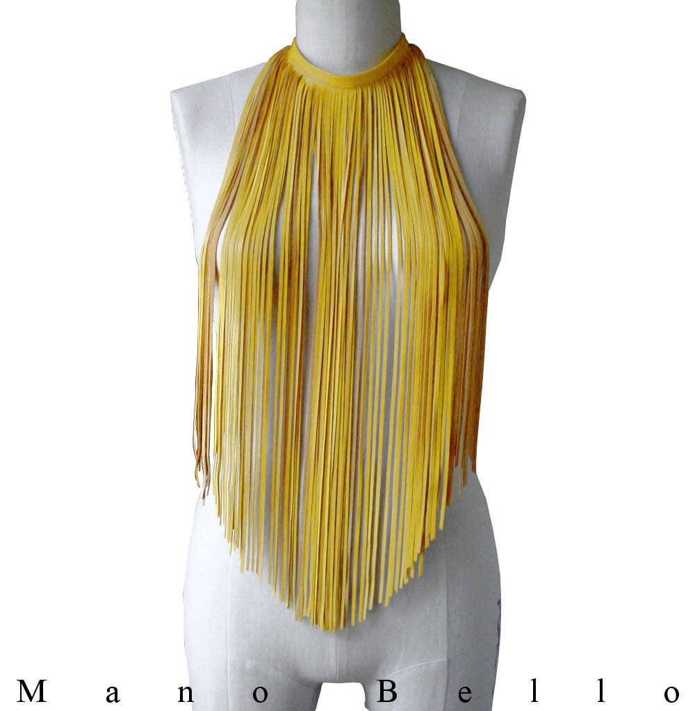Long Leather Fringe Choker Necklace Bib or Scarf Yellow