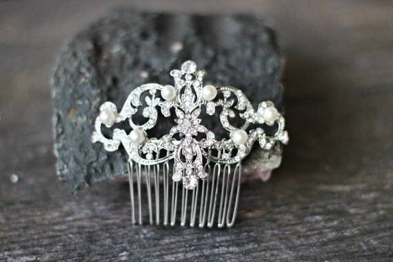 Crystal and Pearl Bridal Hair Comb Ornate Scroll Swarovski