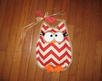 Burlap and Red Chevron Owl, Wall hanging decoration, Burlap Owl, Mother ...