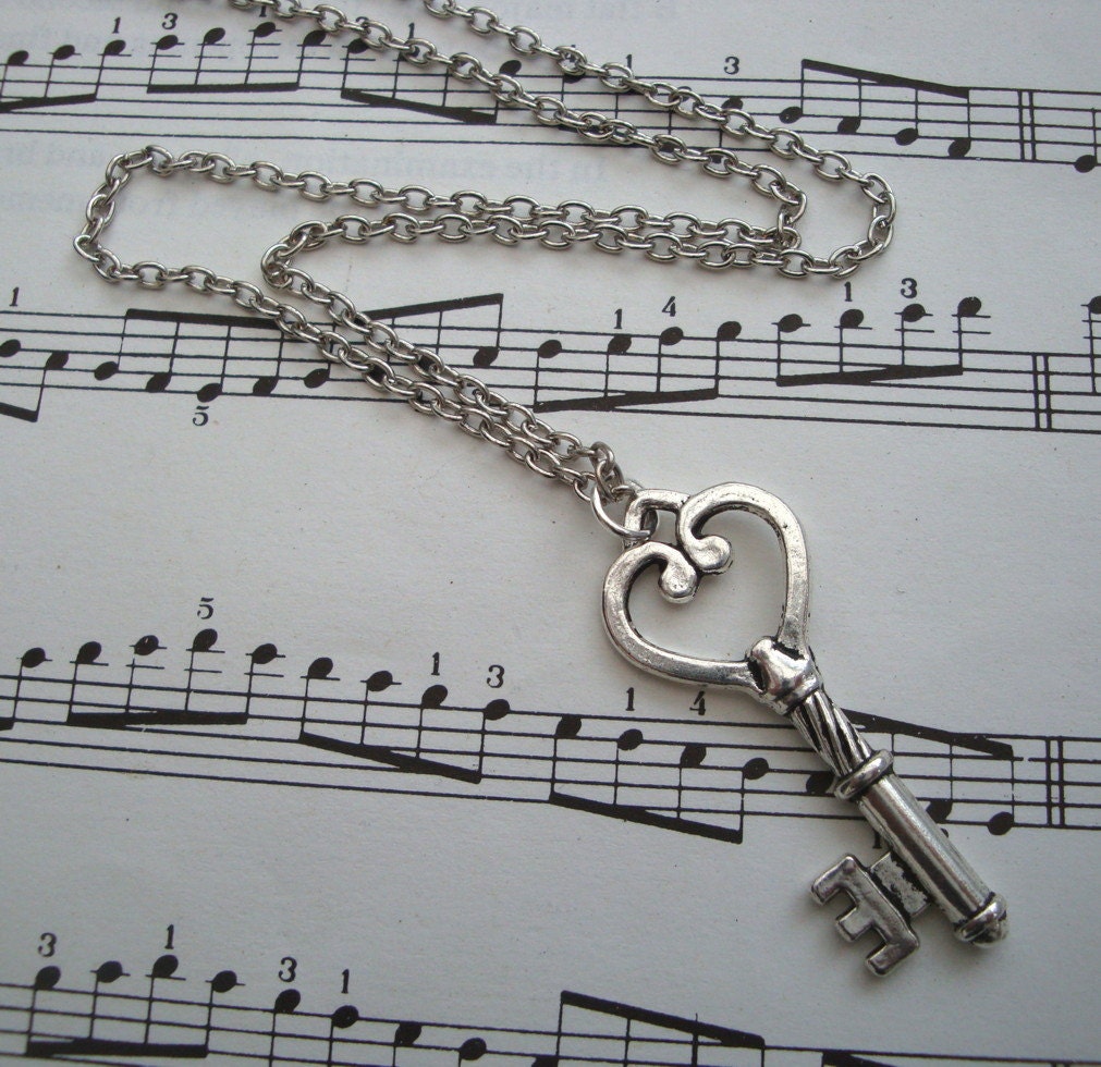Silver key necklace antique silver charm vintage style