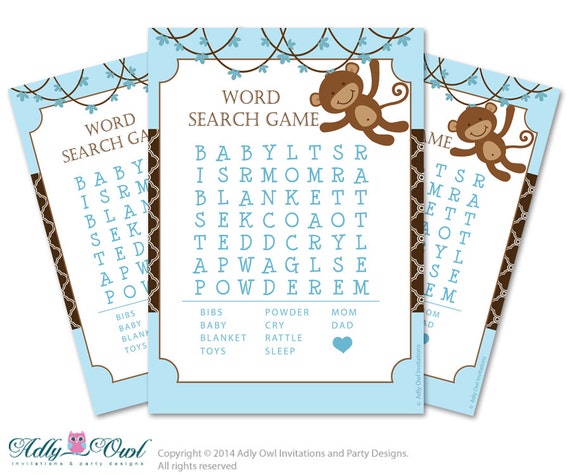 Boy Monkey Word Search Game Word Search game Printable Card