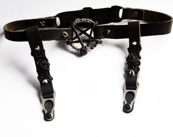 Black pentagram leg garter, spiked leather double strap goth thigh ...