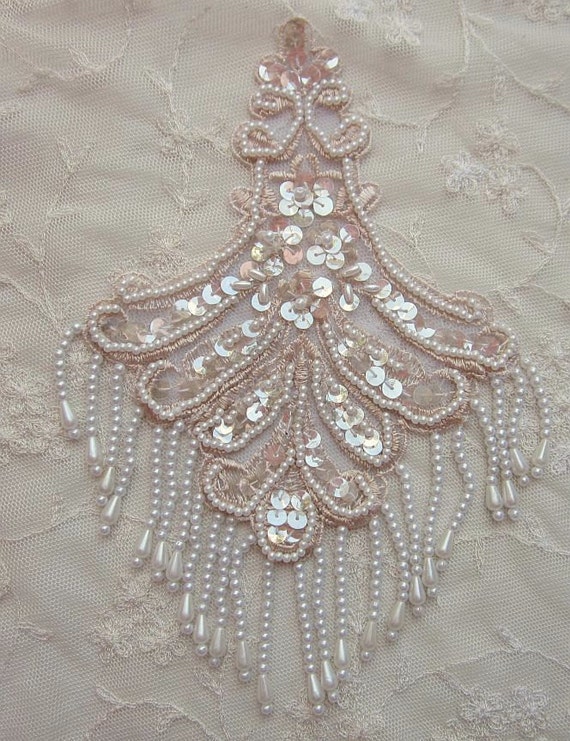 Antique Tan Pearl Sequin Beaded Embroidered Lace Flower
