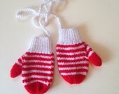 Items similar to Child Red and White Striped Mittens on a String/Cord ...
