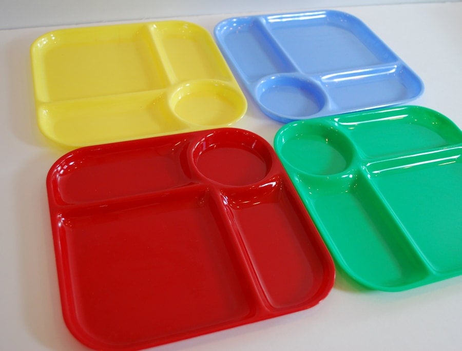 4 Vintage Plastic Food Trays Yellow Red Green Blue Mid Century ...