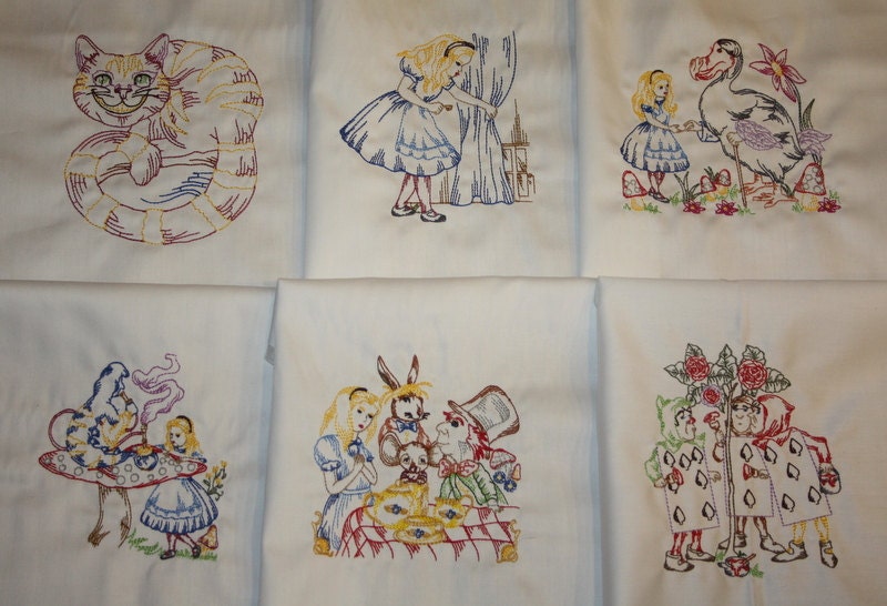 Alice in Wonderland Machine Embroidered Quilt Blocks Set B