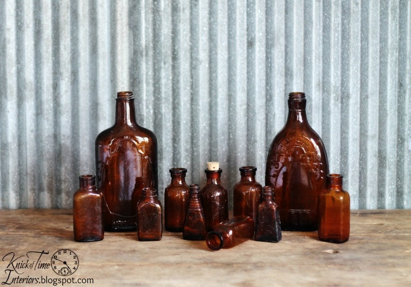 Vintage Amber Glass Bottles Set of 11 by KnickofTime on Etsy