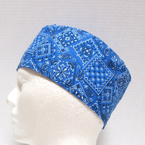 Mens Scrub Hat Surgical Cap or Skull Cap Blue Bandana