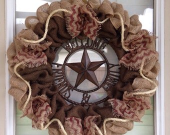 Natural, Brown and Burgundy Burlap Chevron Western Wreath Welcome ...