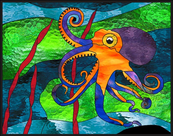 Stained Glass Window Panel Octopus in Jewel by stainedglassfusion