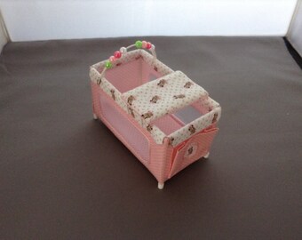 Miniature travel cot/playpen in Pink Minnie Mouse print1/12th scale