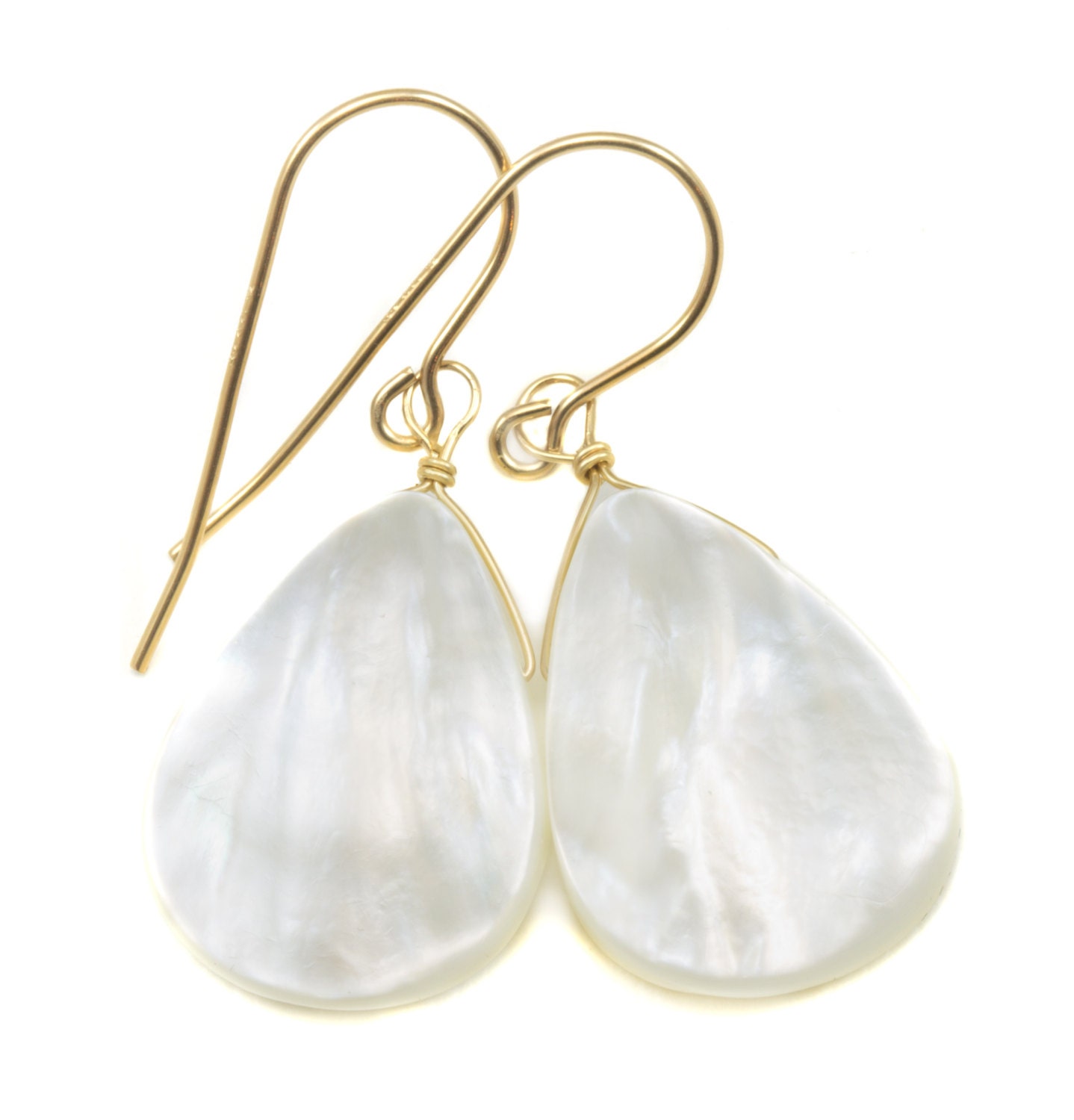 Mother of Pearl Earrings White Shell Teardrop Natural 14k Gold
