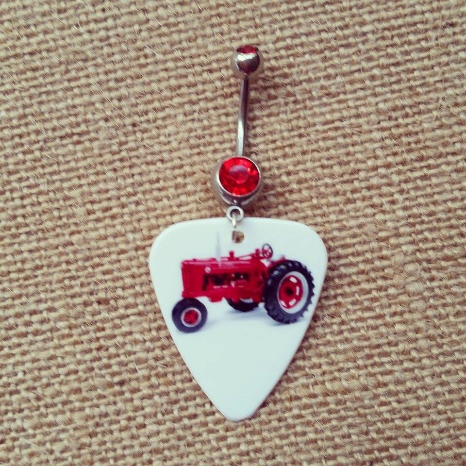 Red Tractor Guitar Pick Dangle Belly Button Ring by Featherpick