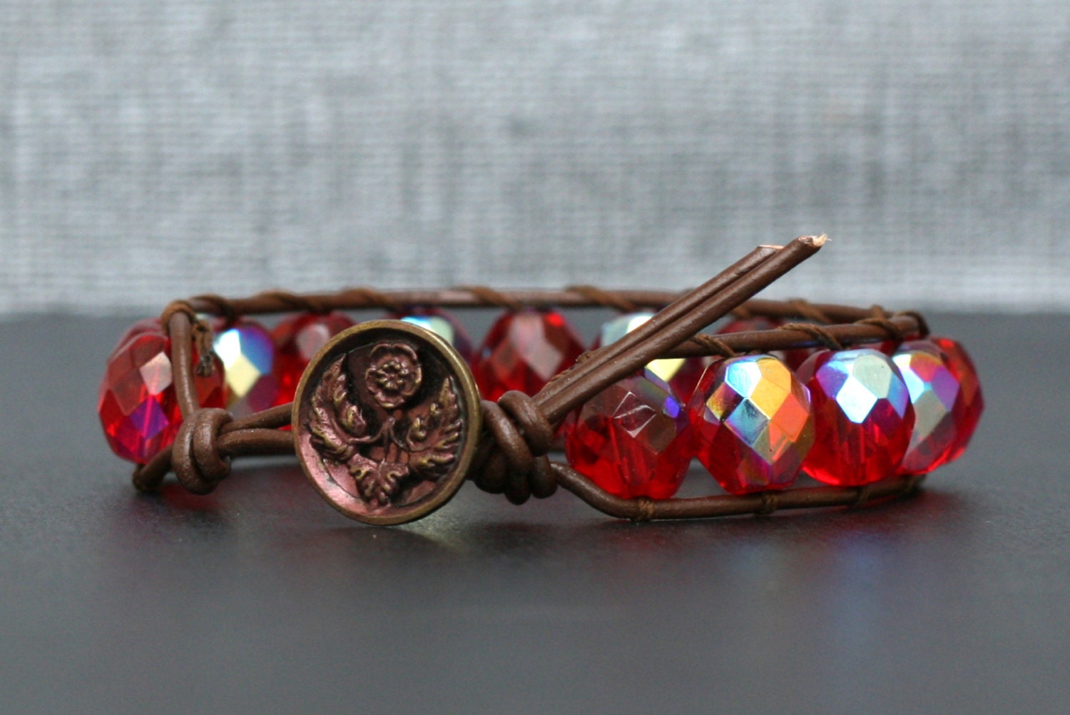 ruby red bracelet leather and crystal wrap by CorvusDesign