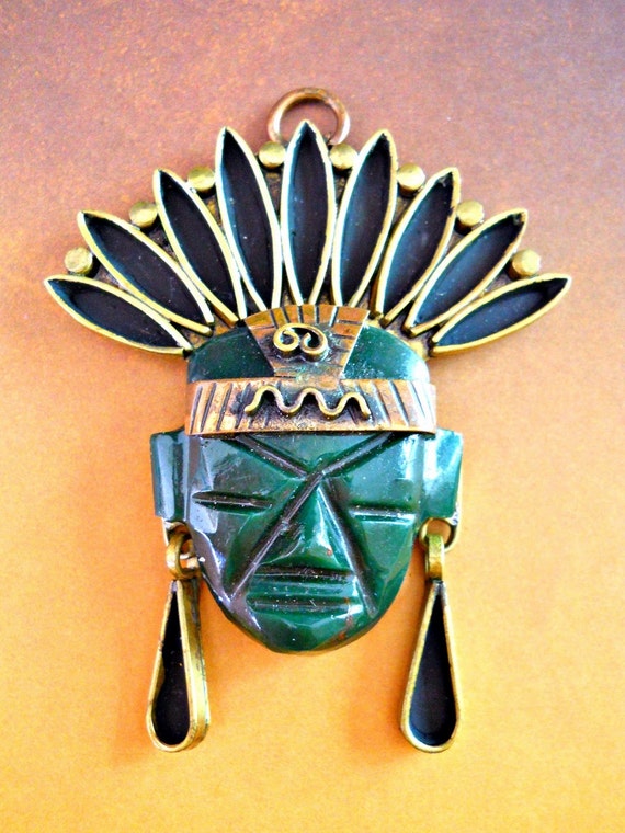 Jade Pendant Aztec Carved Face Mixed Metal by RenaissanceFair