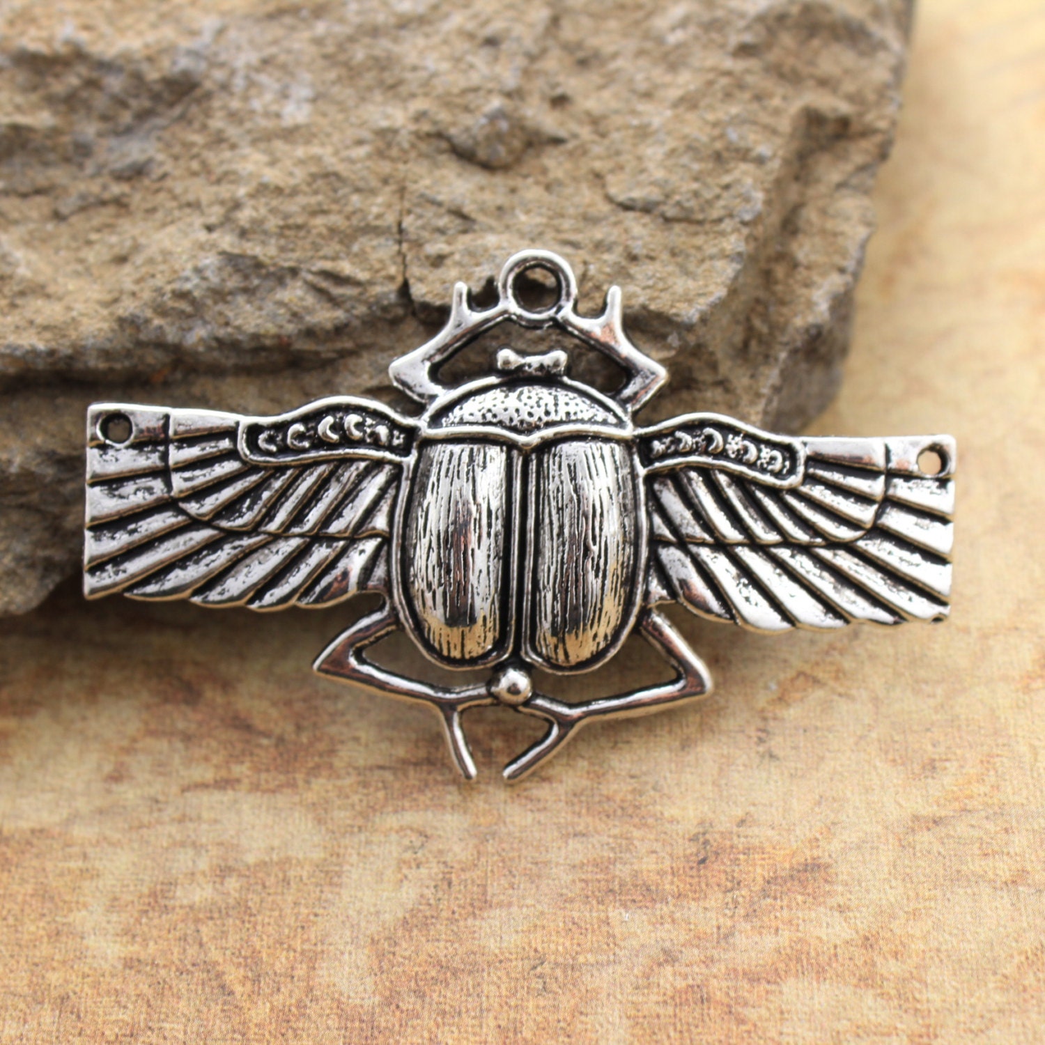 5 Extra Large Winged Scarab Beetles Charms Antiqued Silver