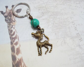 Teal beaded howlite keychain with 3D zebra charm - zebra beaded ...