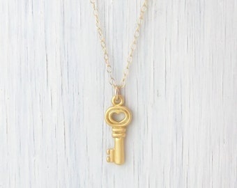 Gold Key Necklace - Small Key Pendant, Golden Key Charm Necklace ...