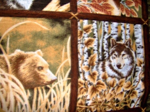 Wolf Bear Deer Autumn Fleece Throw Blanket by BearsBlanketsQuilts