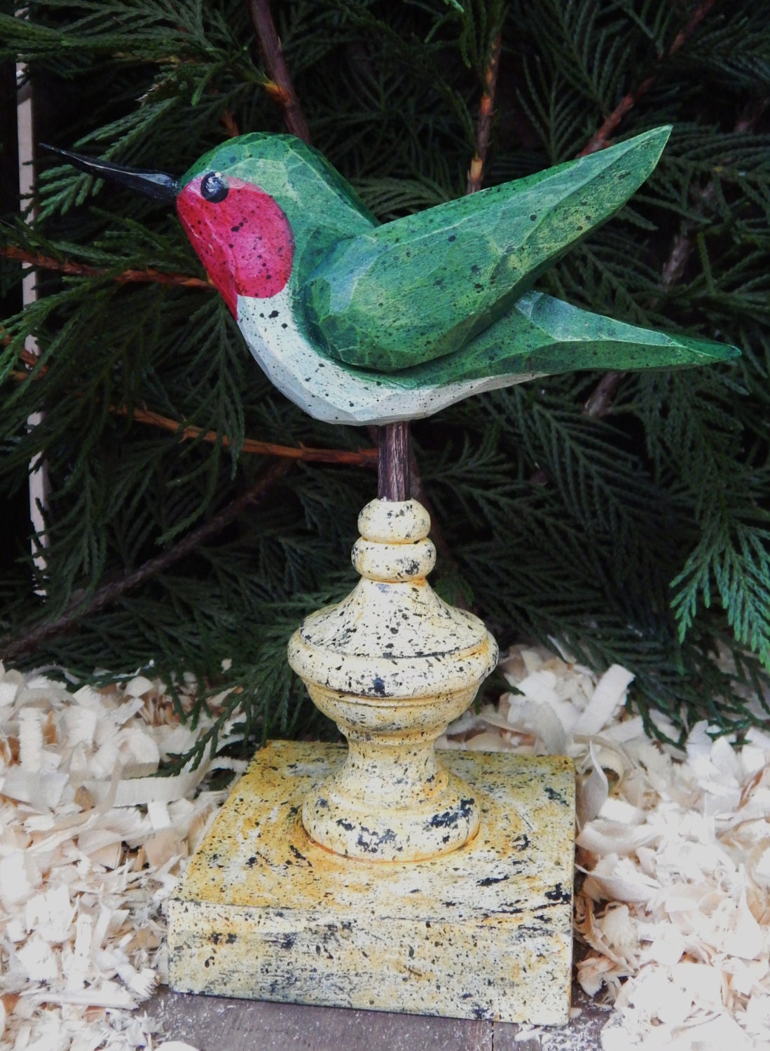 Hand Carved Bird Hummingbird Perched on Antiqued Finial