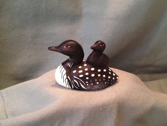 Ceramic Loon Figurine. Miniature Mama or Papa and Baby Loon