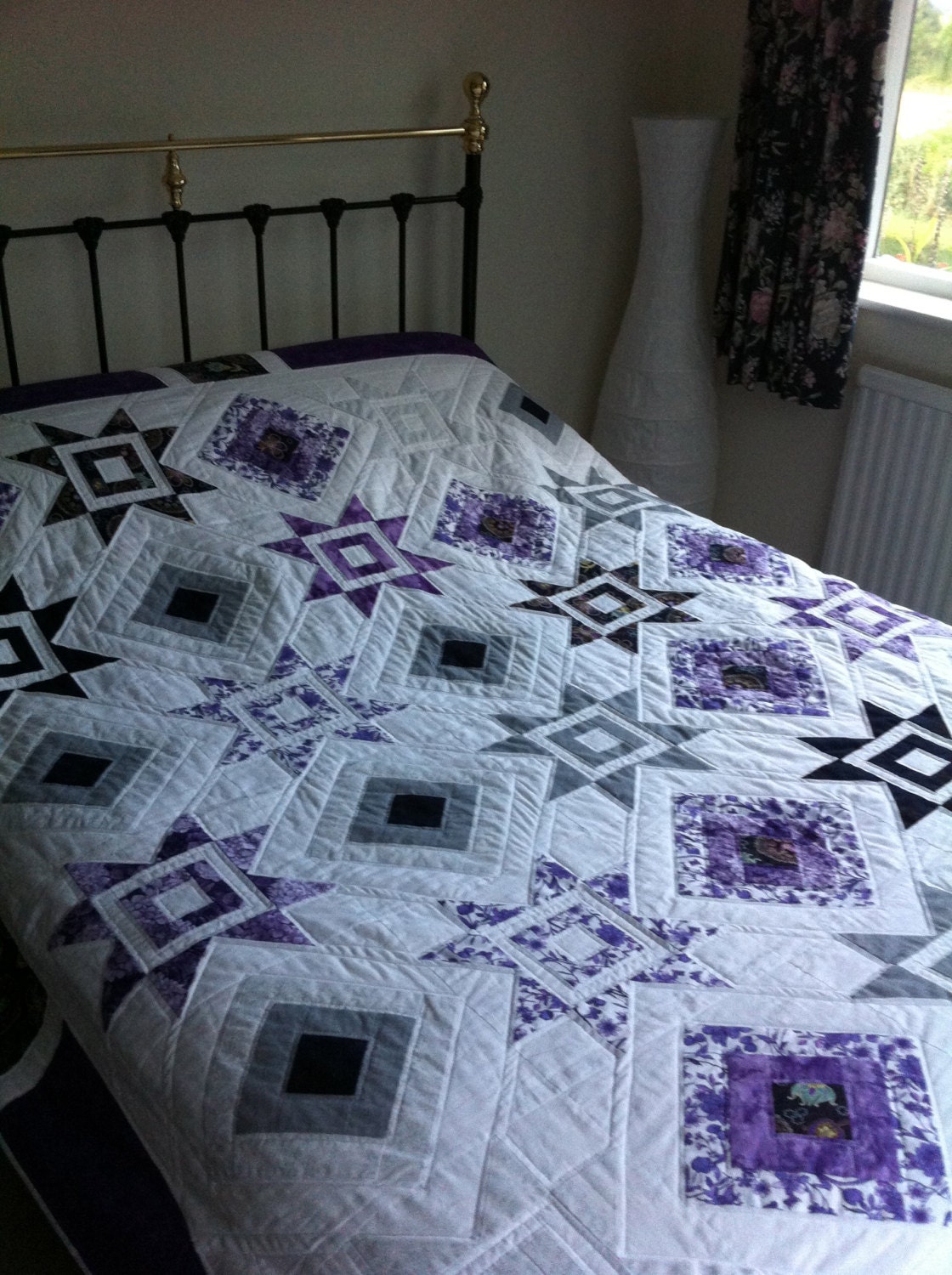 Handmade Double Purple and Grey Patchwork Quilt
