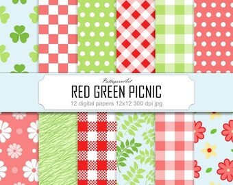 50% OFF SALE - Digital Paper "Red Green Picnic" polka dots Gingham ...