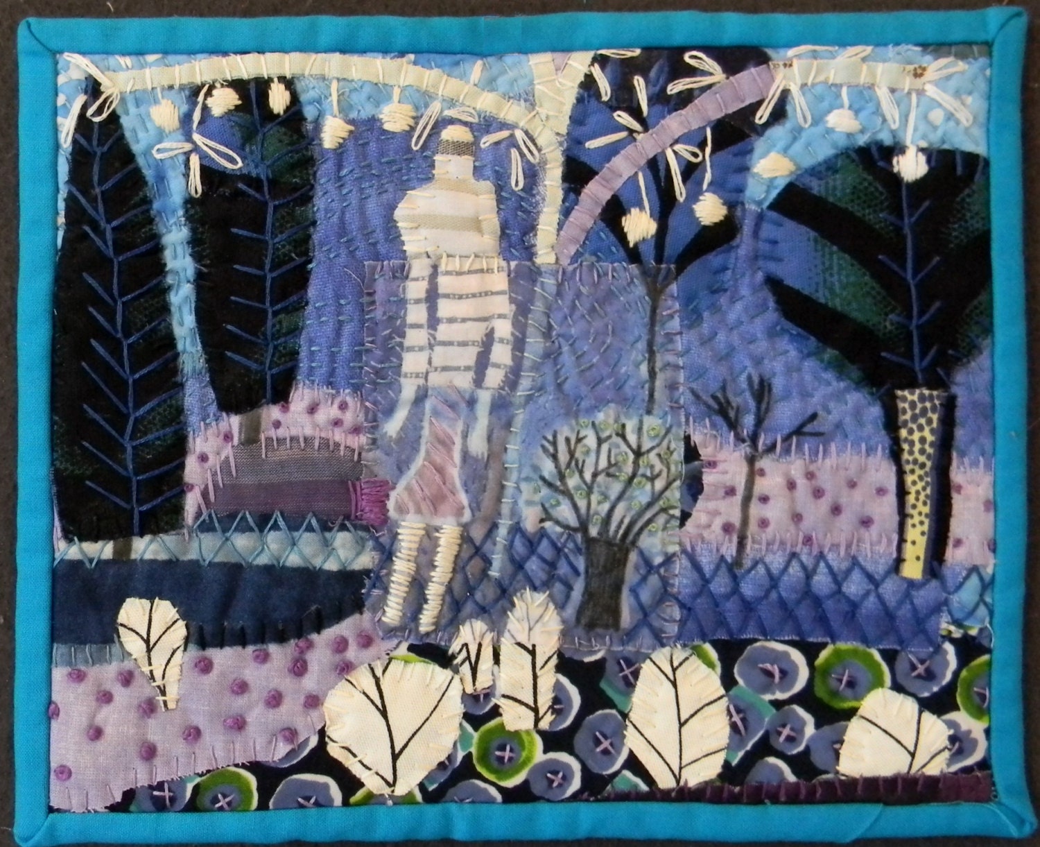 Fabric collage. Textile art. Mixed mediaFiber art wall hanging