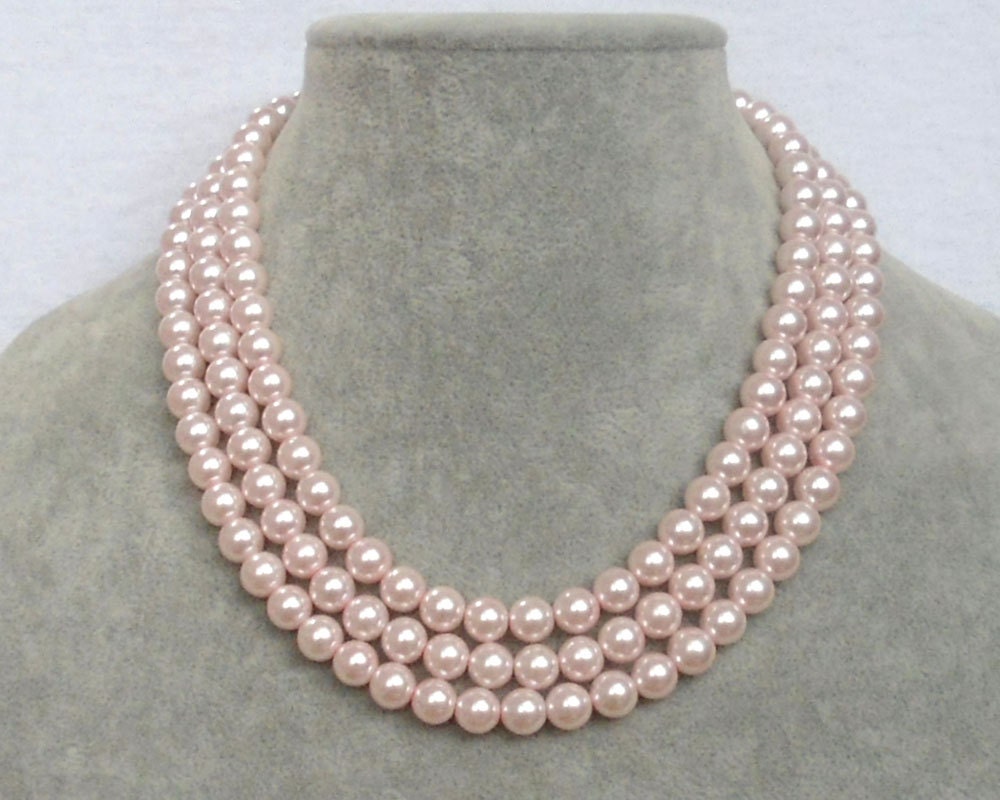 light pink Pearl Necklace Glass Pearl Necklace3 Strands