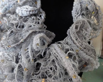 Homemade Grey & White Ruffle Yarn Scarf with Gold Embellishments