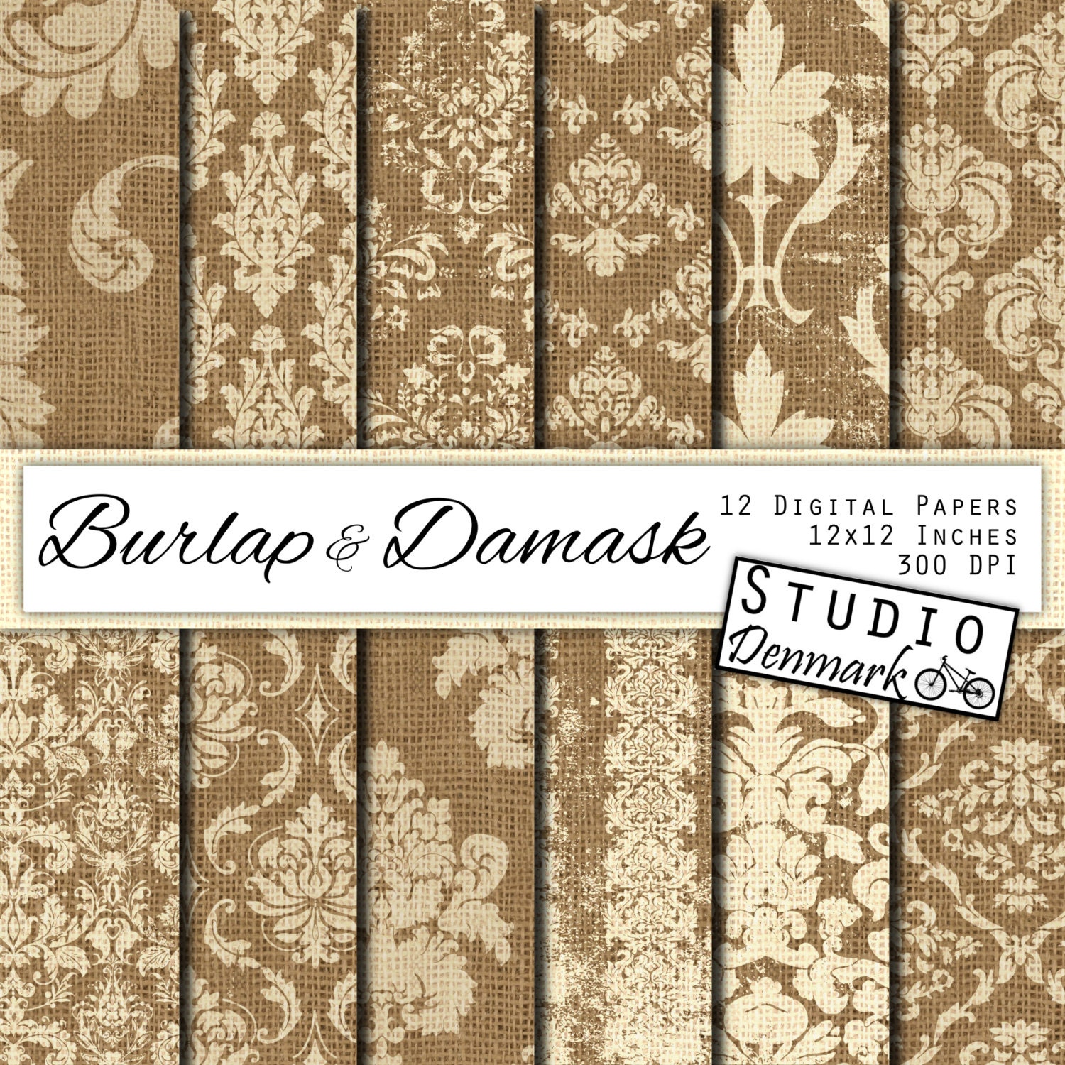 Burlap & Damask Digital Paper – White Damask Burlap Digital Paper – 12 ...