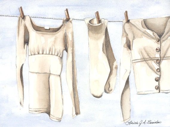 Clothes on a clothesline watercolor hanging clothes print
