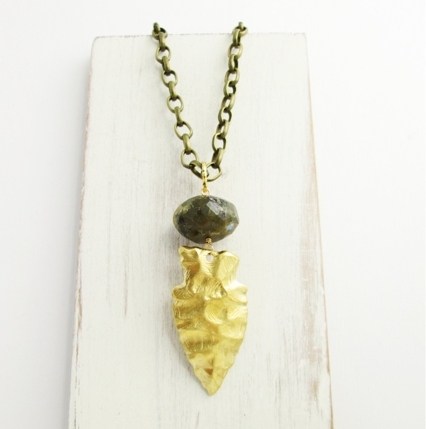 Golden Arrowhead Necklace. Chunky Stone Necklace. Long Chain. Boho ...