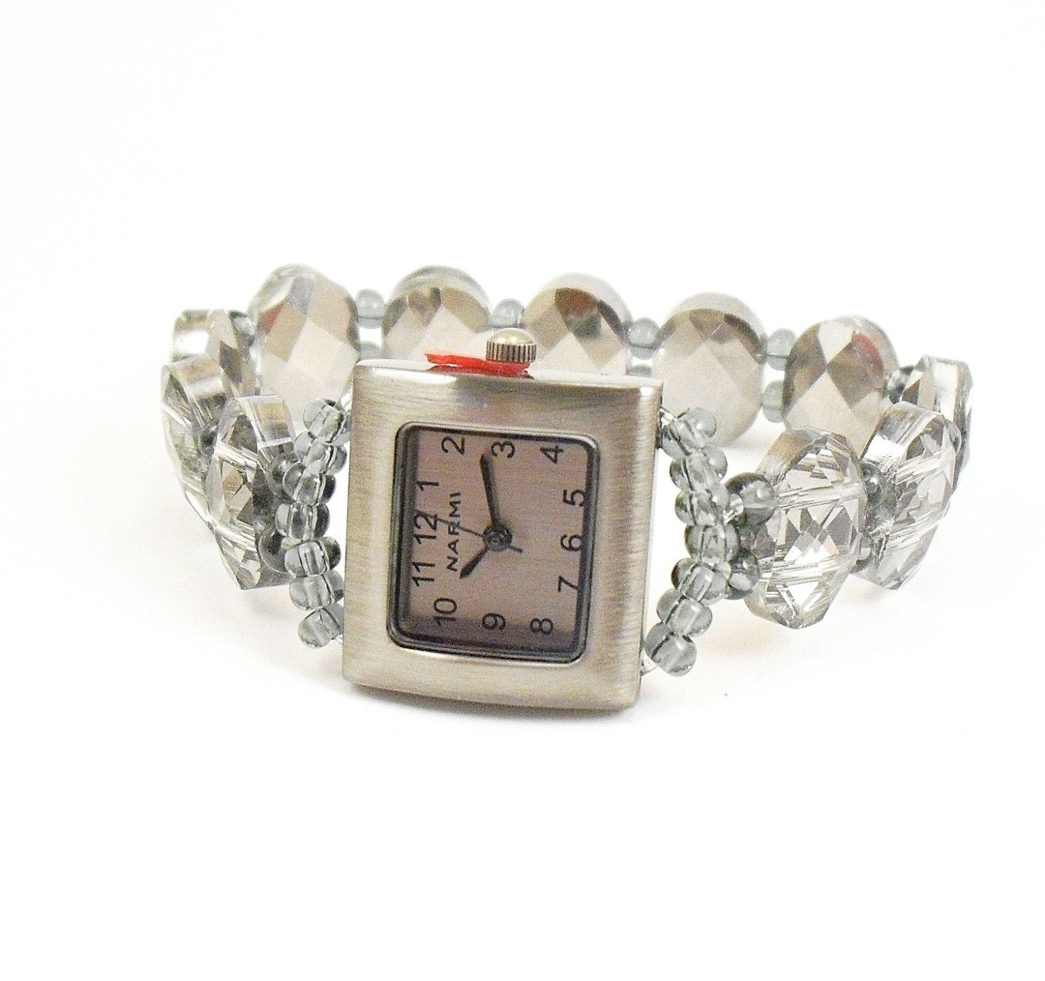 Smoky Metallic Faceted Glass Beaded Stretchy Bracelet Watch with Pewter ...