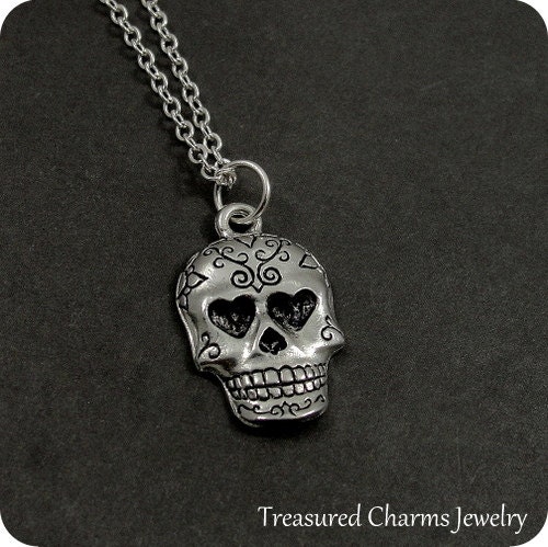 Sugar Skull Necklace Silver Sugar Skull Charm on a Silver