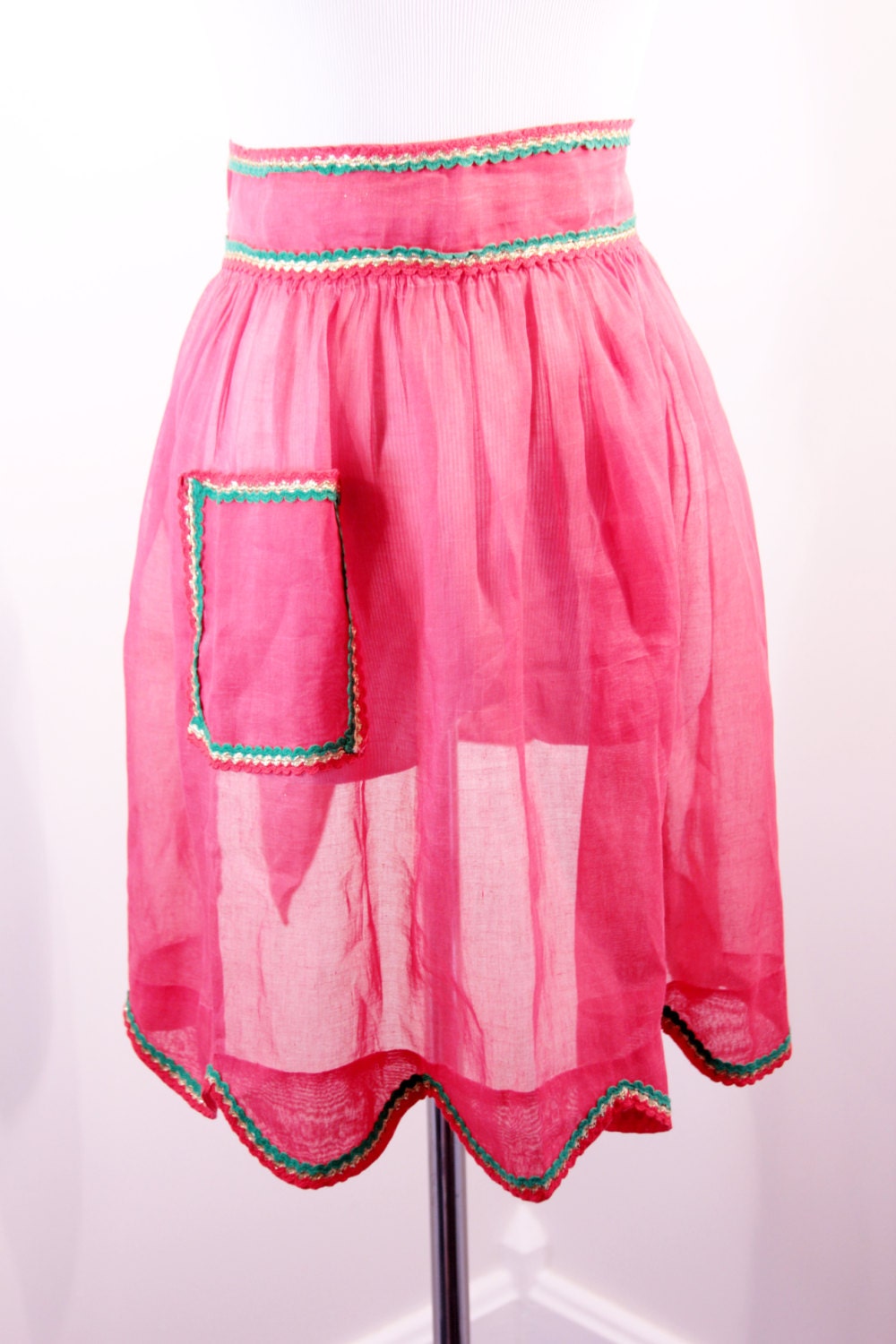 Vintage Sheer Red Half Apron Trimmed In Red Gold and Green Rick Rack ...