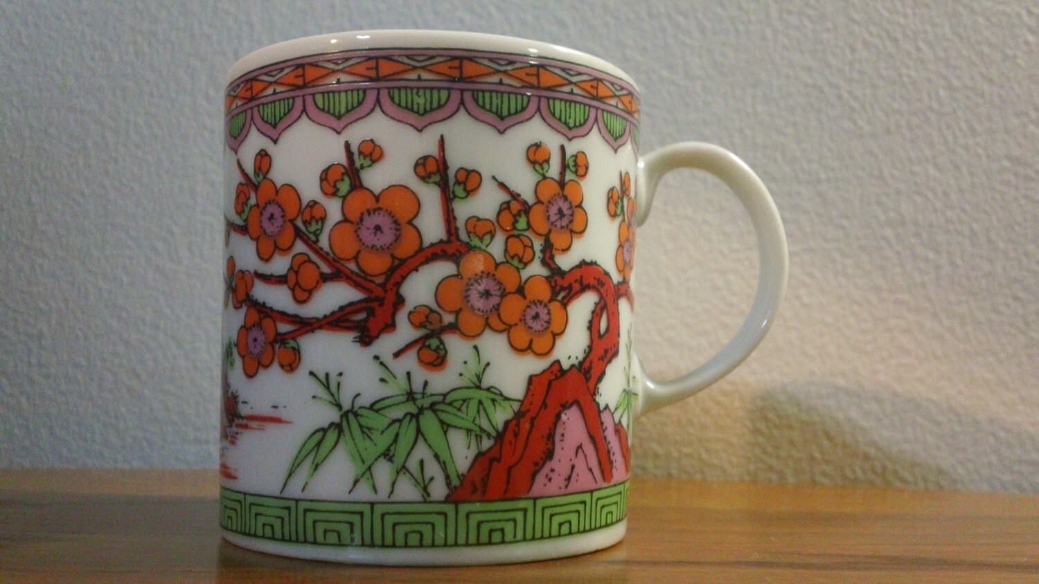 Vintage Psychedelic Coffee Mug w/ Neon Asian plum blossom flower design ...
