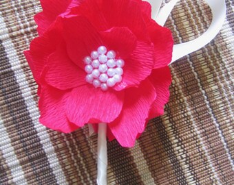 READY TO SHIP. Red peony boutonniere with satin ribbon and pearls ...